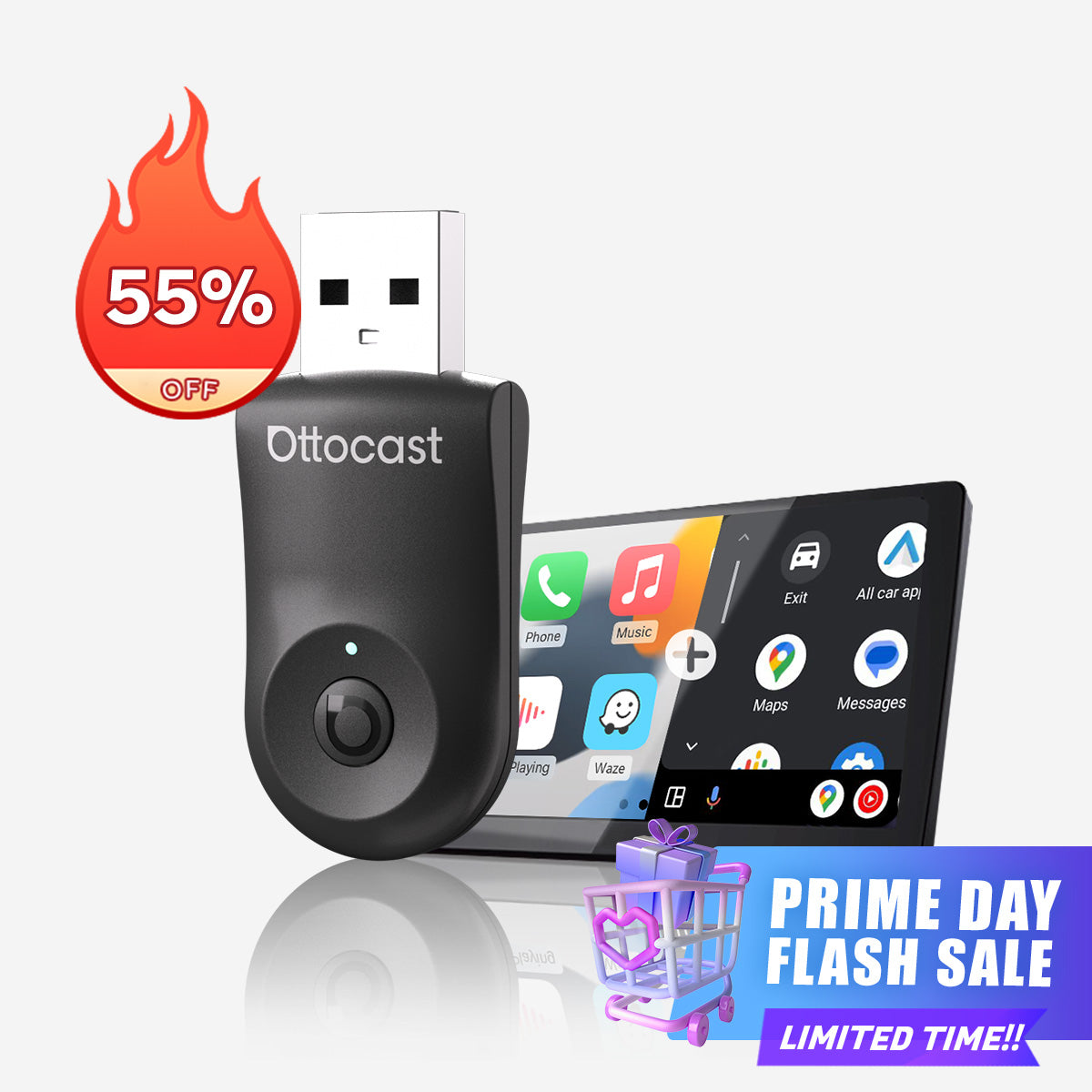 Ottocast®2025 Mini Adattatore Wireless CarPlay/Android Auto